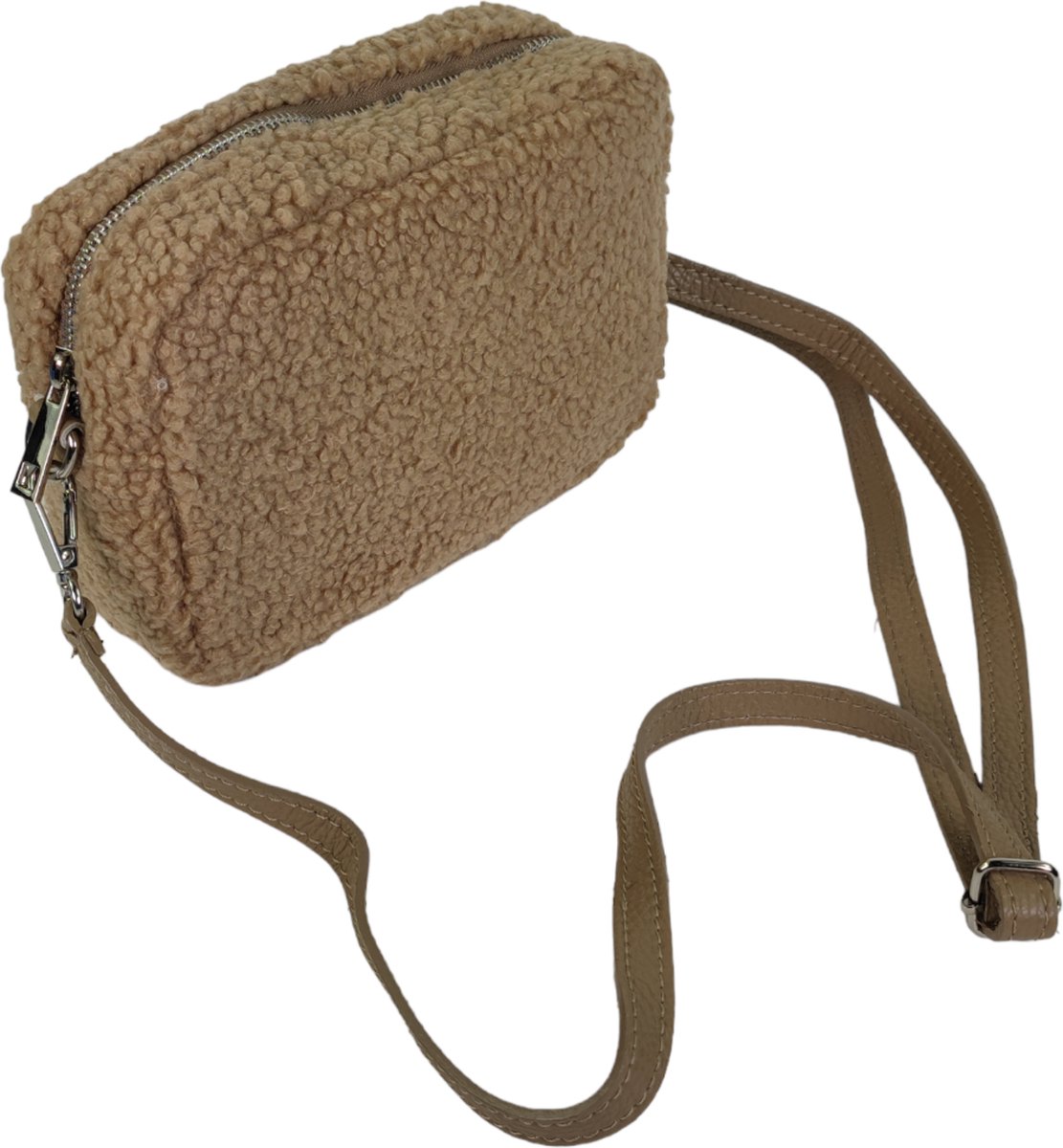 Qischa® Crossbody tas - zacht leder en teddy - beige taupe - zilveren ...
