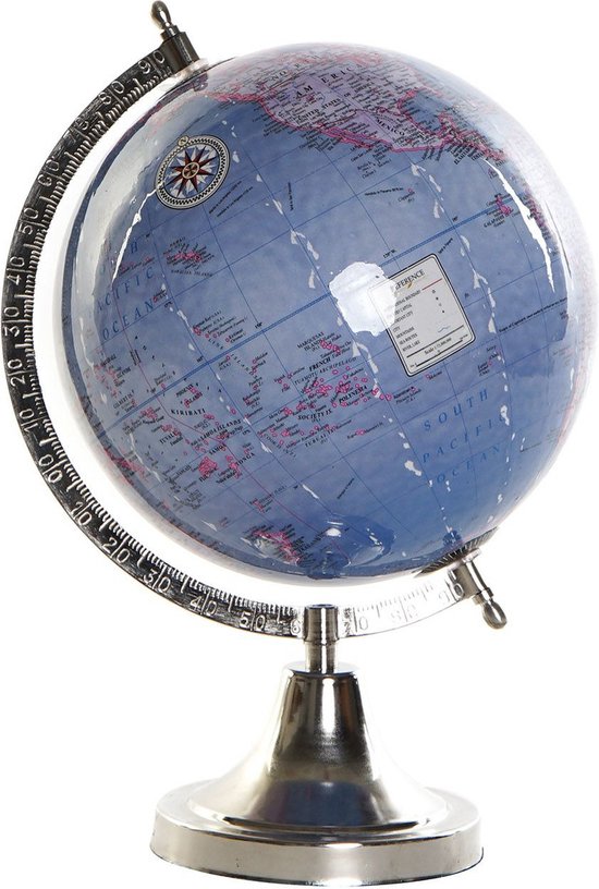 Decoratie wereldbol/globe blauw op aluminium voet/standaard 20 x 32 cm ...