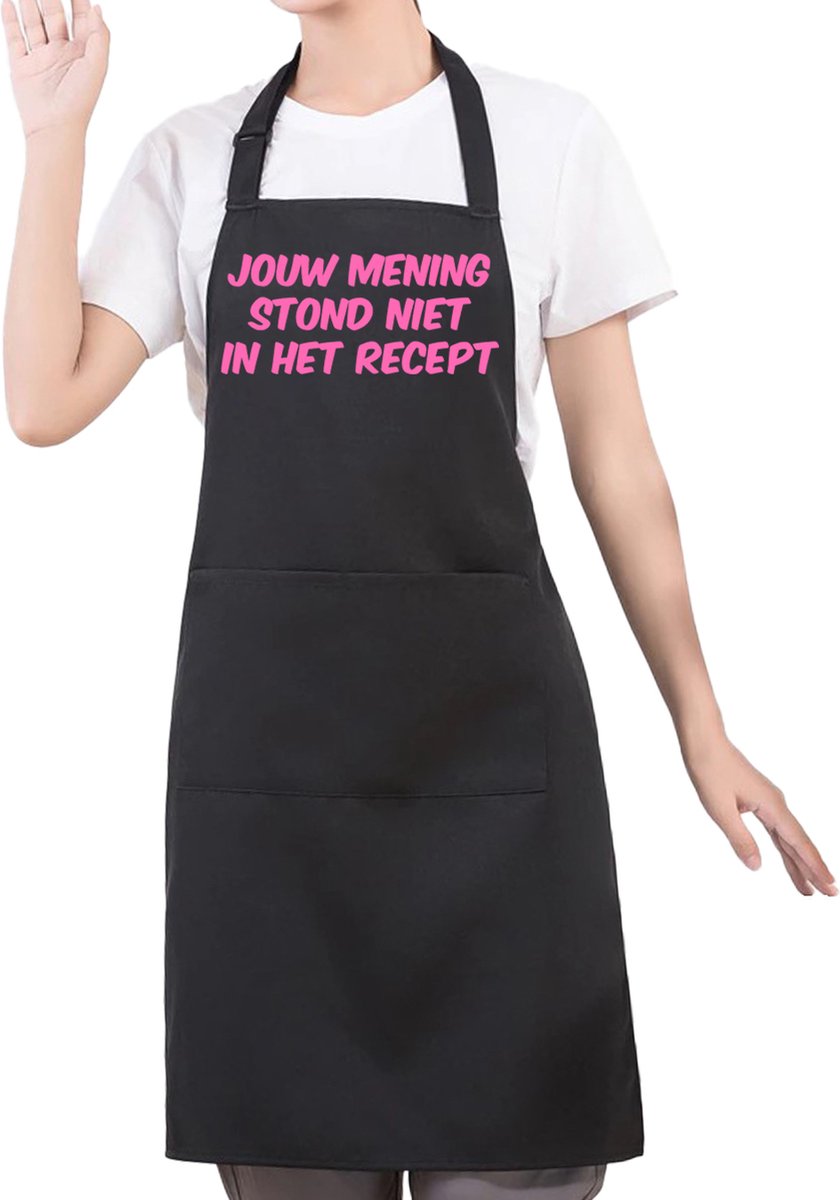 JOUW MENING STOND NIET IN HET RECEPT uniseks schort - Zwart met roze ...