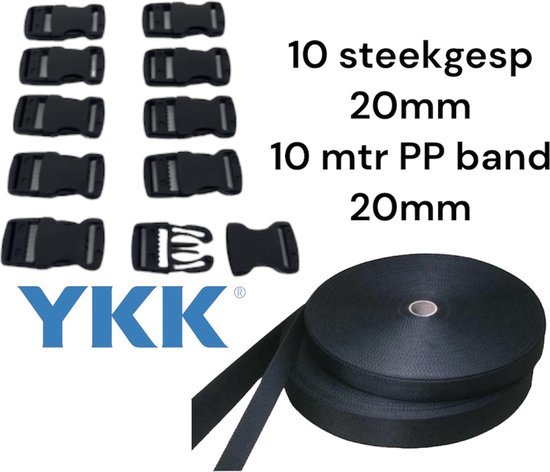 10 stuks YKK steekgesp 20mm zwart- 10 meter 20mm zwart PP band -Gesp ...