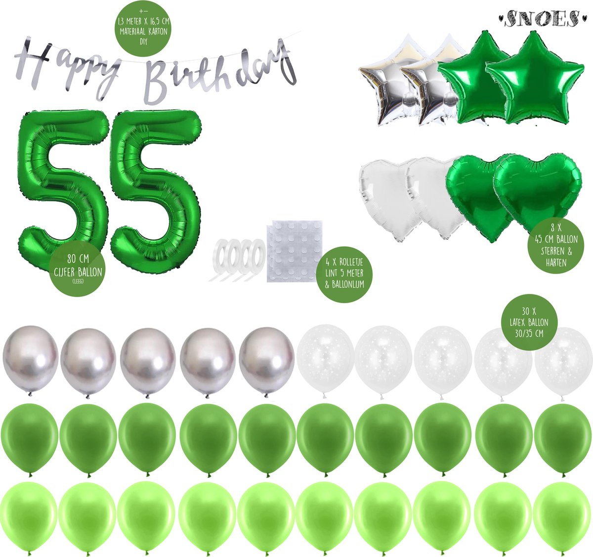 Snoes Ballonnen 55 Jaar Wit Groen Zilver Mega Ballon - Compleet ...