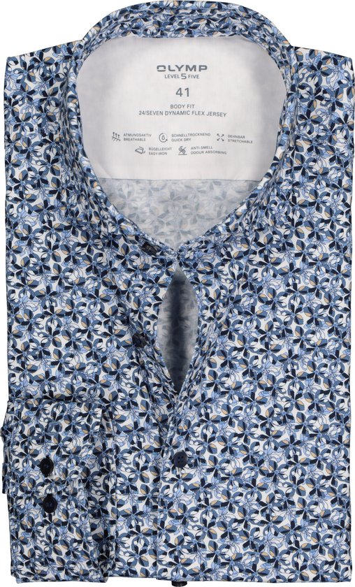 OLYMP 24/7 Level 5 body fit overhemd - tricot - blauw met wit en beige ...