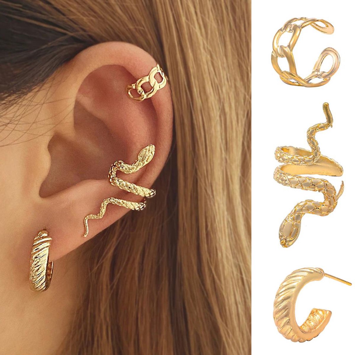 Set van 3 - Oorbel en Fake Helix Goud - Oorbel Slang - Nep Piercing ...