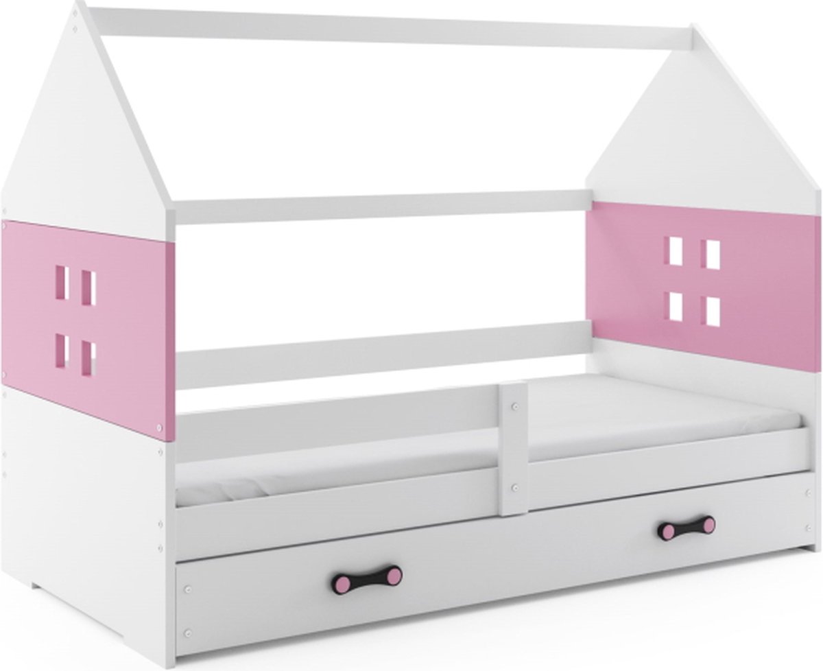 Kinderbed Huisje Wit & Roze 80x160 cm – Inclusief Uitschuiflade ...