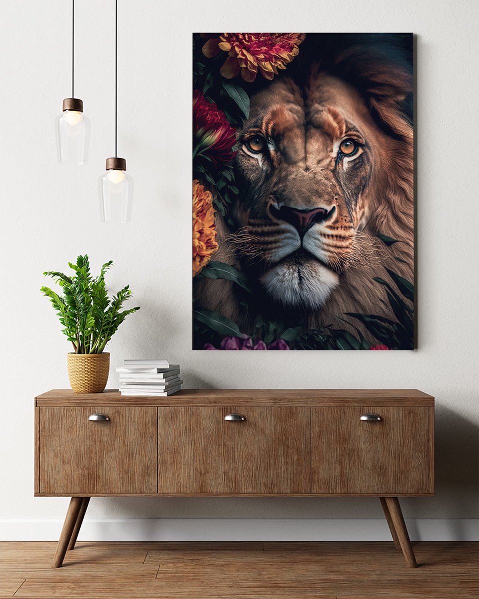 Leeuw met bloemen #2 poster - 60 x 90 cm | bol.com