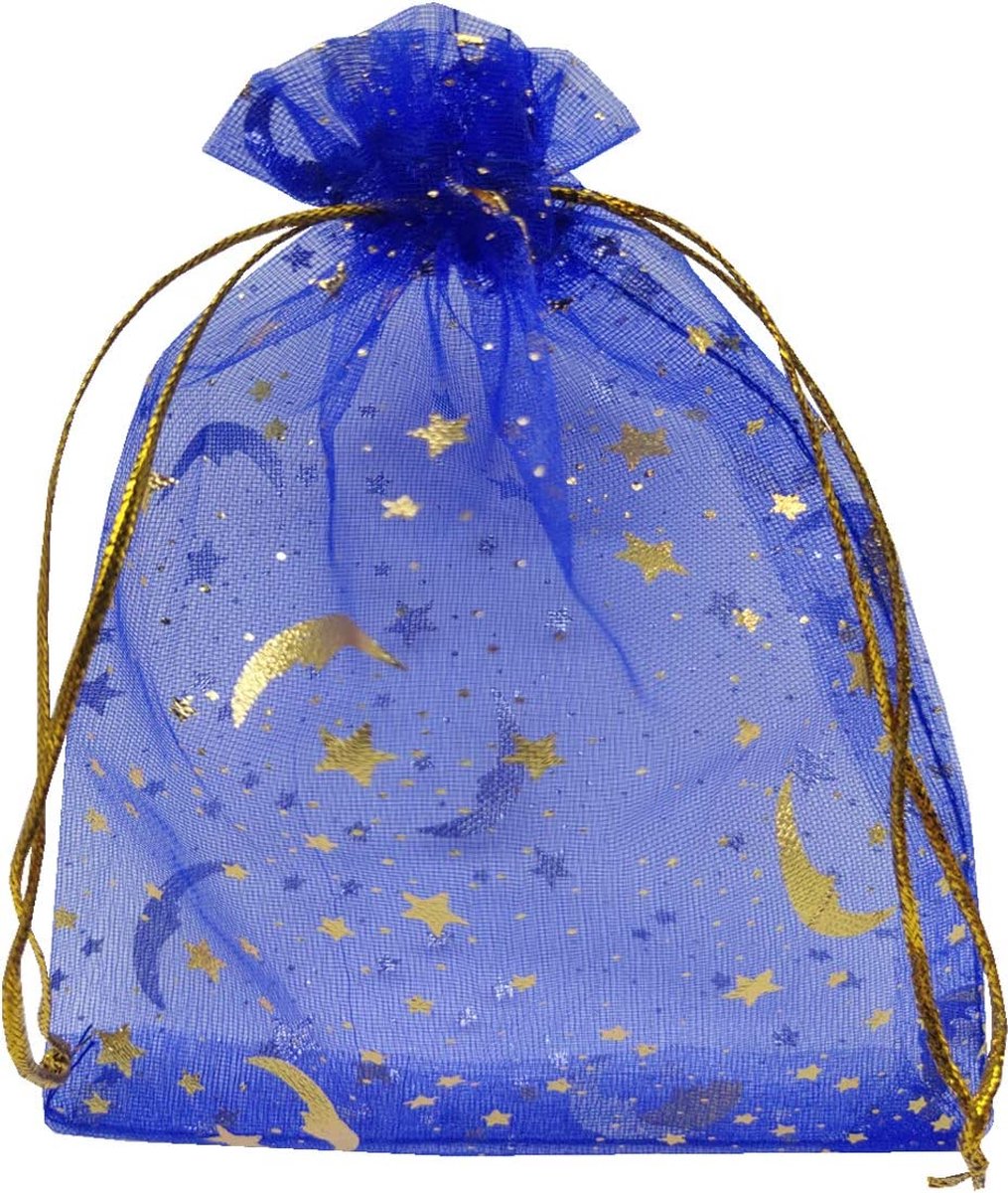 50 Cadeauzakjes - Organza zakjes 10x13cm blauw met maantjes goudkleurig ...