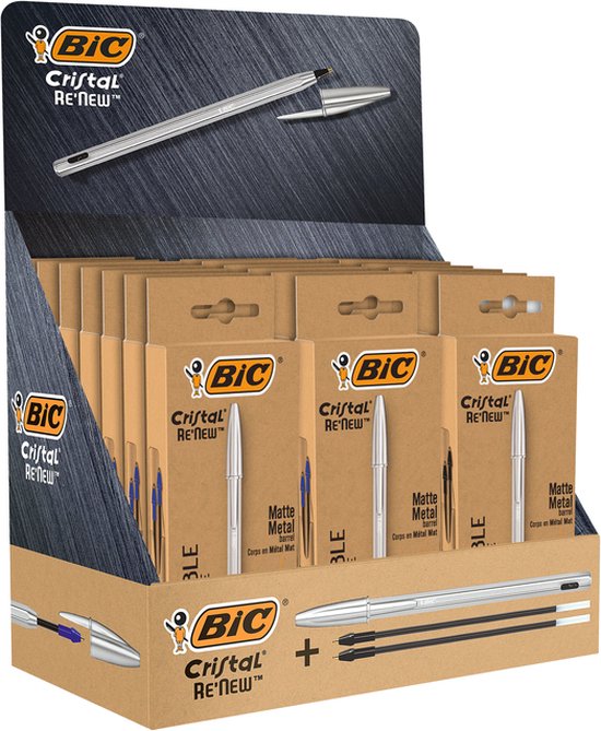 Stylo bille Bic Cristal Re-new blister 1 stylo + 2 recharges assorties - 21 pcs | bol.com