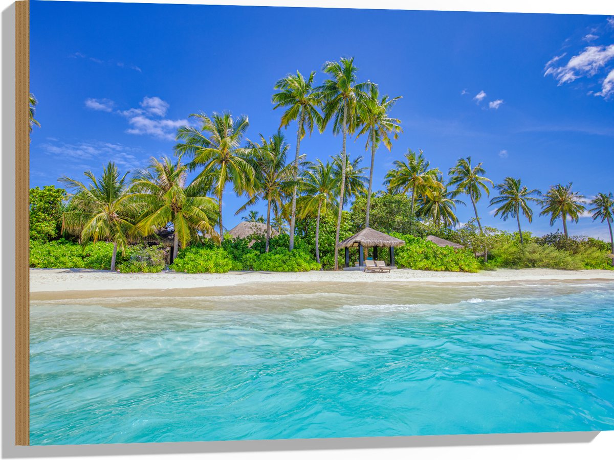 Hout - Hutjes op het Strand met Palmbomen bij Mooie Zee - 80x60 cm - 9 ...