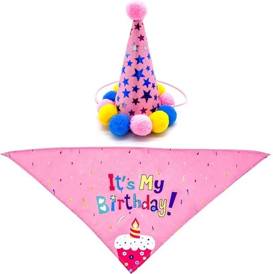 Poezen verjaardagset 2-delig It's my Birthday roze met feestmuts en ...