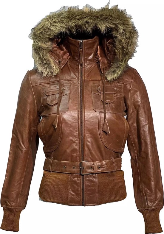 Dames bruine korte bomber leren jas met capuchon – Gerona – XS | bol