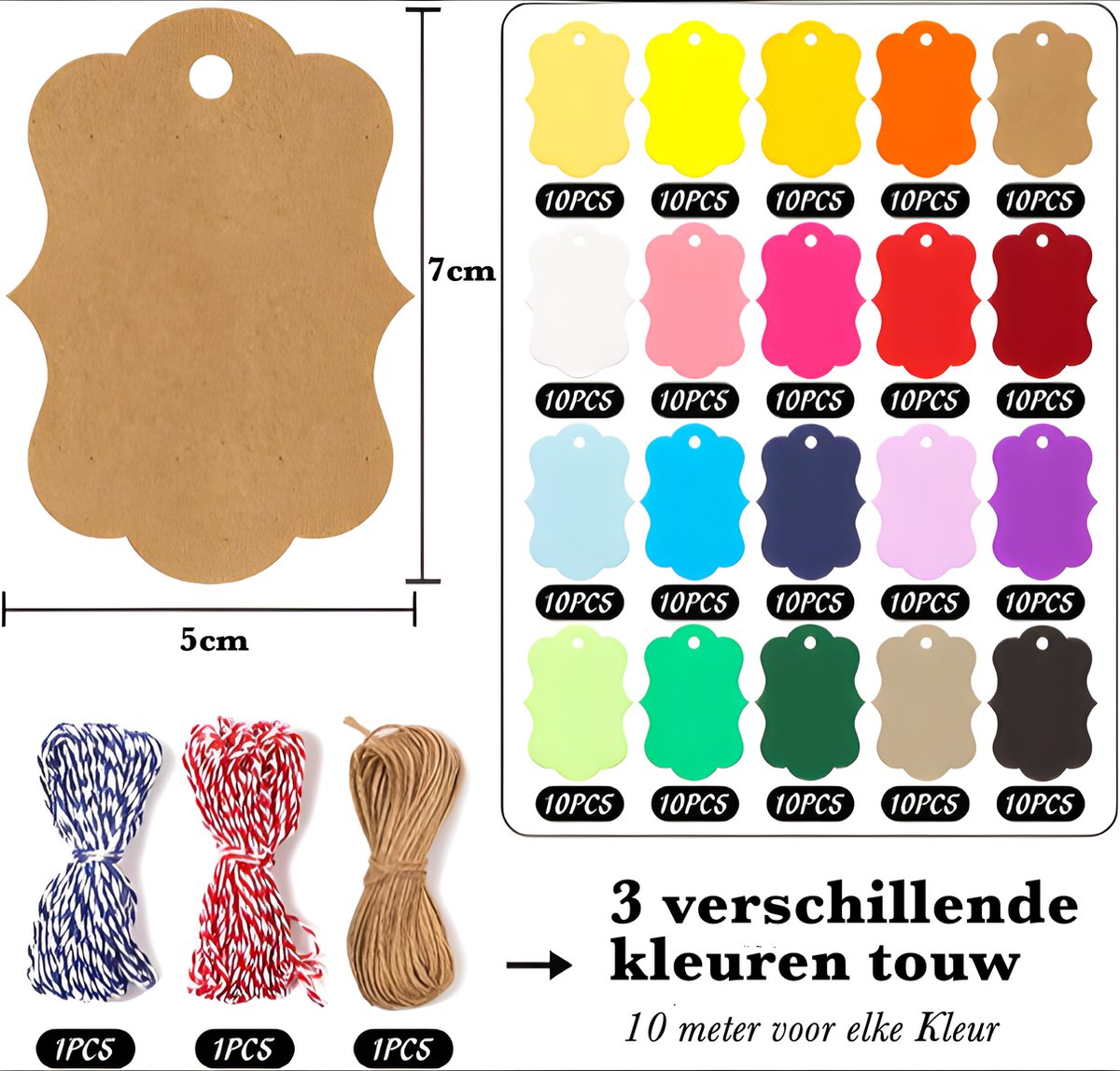 300x Stuks Kraft Karton Labels - 20 Kleuren - met 3 Verschillende Jute ...