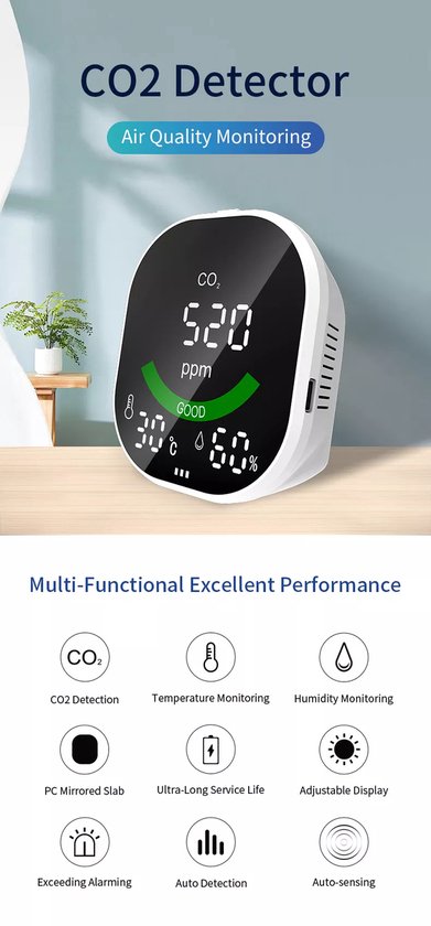 Co2 meter - Co2 meter binnen - Co2 meter - Luchtkwaliteitsmeter - Hygrometer | bol
