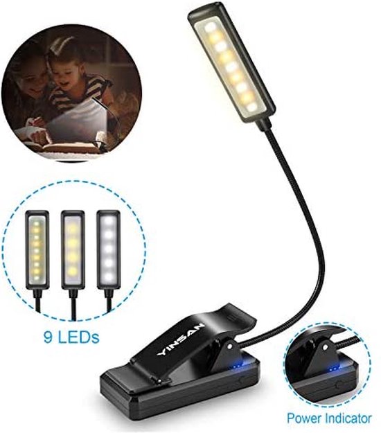 YINSAN leeslamp, oplaadbaar leeslampje, traploos dimbaar, 3 modi en 9 ...
