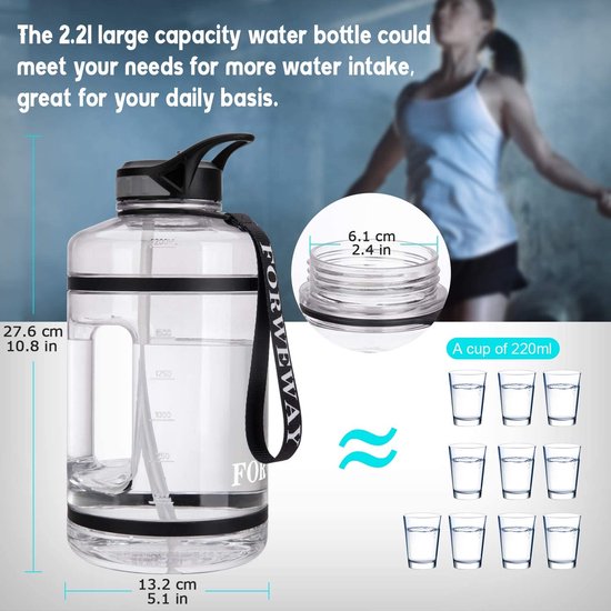 FORWEWAY 2,2L Sportfles Waterfles met Rietje BPA-vrij Waterkan Lekvrije ...