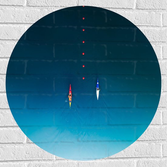 WallClassics - Muursticker Cirkel - Bovenaanzicht van Twee Rode Kano's ...
