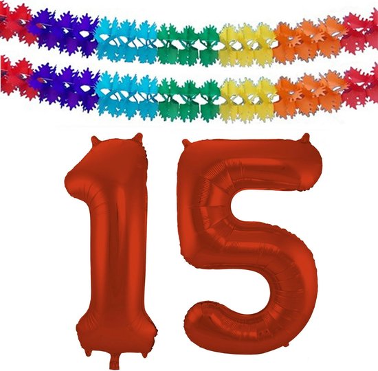 Folat folie ballonnen - Leeftijd cijfer 15 - rood - 86 cm - en 2x ...