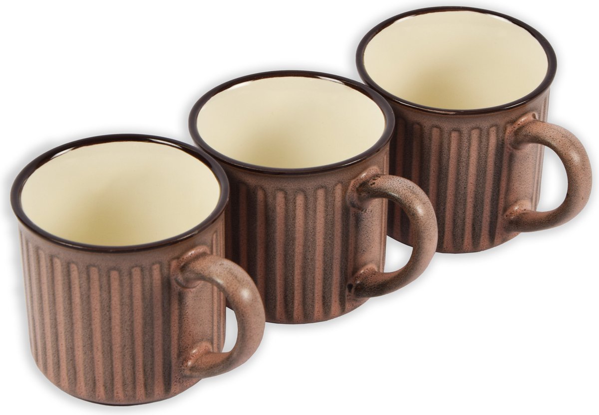 Set van 3 koffiekopjes met oor -bruin - Mokken | Verticale Gestreepte aardwerk kopjes... | bol.com