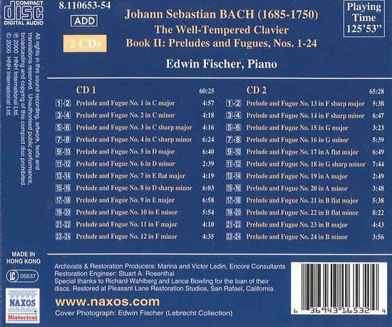 Edwin Fischer - Well-Tempered Clavier, Book 2 (2 CD), Edwin Fischer ...
