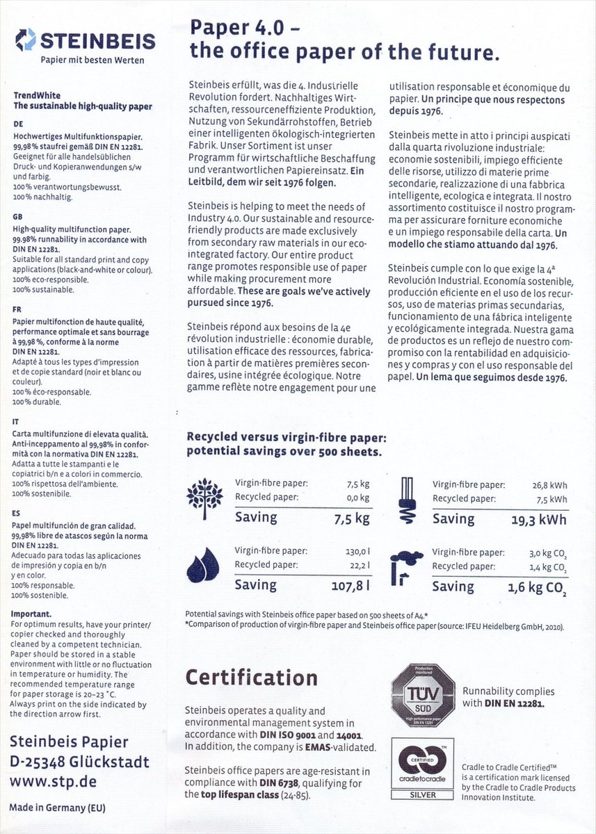 Steinbeis Paper 4.0 - 100% recycled - A4, 500 vel | bol.com