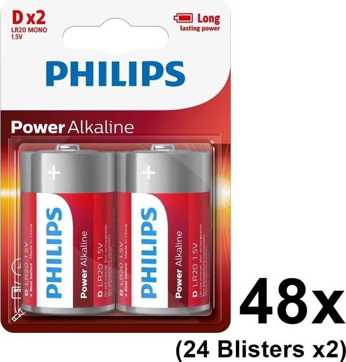 48 pièces (24 blisters a 2 pcs) - Pile alcaline Philips Power D / LR20 ...