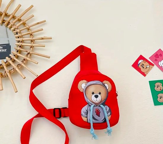 Tas klein rood borsttasje met beer en rits verstelbare schouderband. | bol