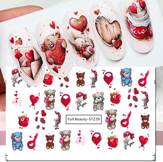 3D Nail Art Stickers - Set van 4 vel rode harten en cartoon designs ...