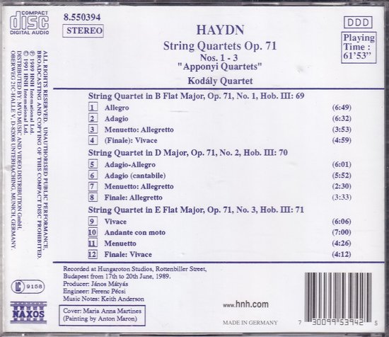 String Quartets Op. 71, Nos 1-3, "Apponyi Quartets" - Joseph Haydn - Kodály Quartet,... | bol