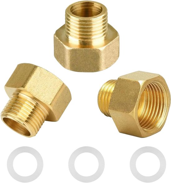 Verloopstuk G1/2" naar G3/4" van messing met rubberen afdichting - 3 stuks | bol