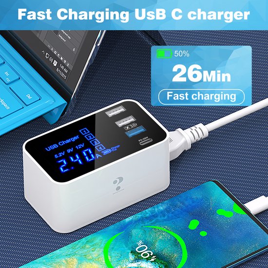 YONO Usb Lader met Voeding - Super Oplader - 4 Poorten - Usb A - C ...