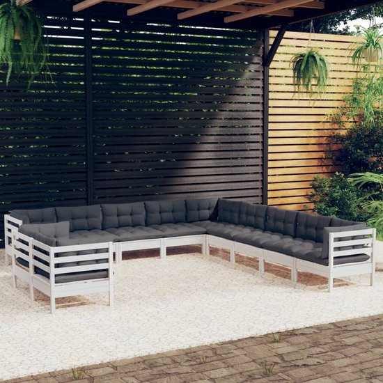 vidaXL Loungeset 11-delig - Grenenhout - Wit Loungeset - Tuinset ...
