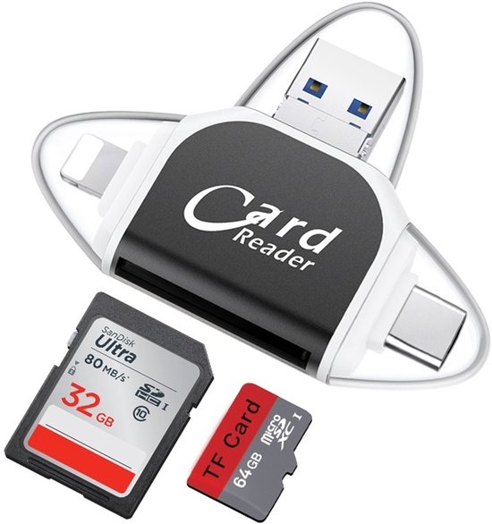 4 IN 1 8-Pin (Lightning) + USB + USB-C + Micro-USB naar SD + Micro-SD ...