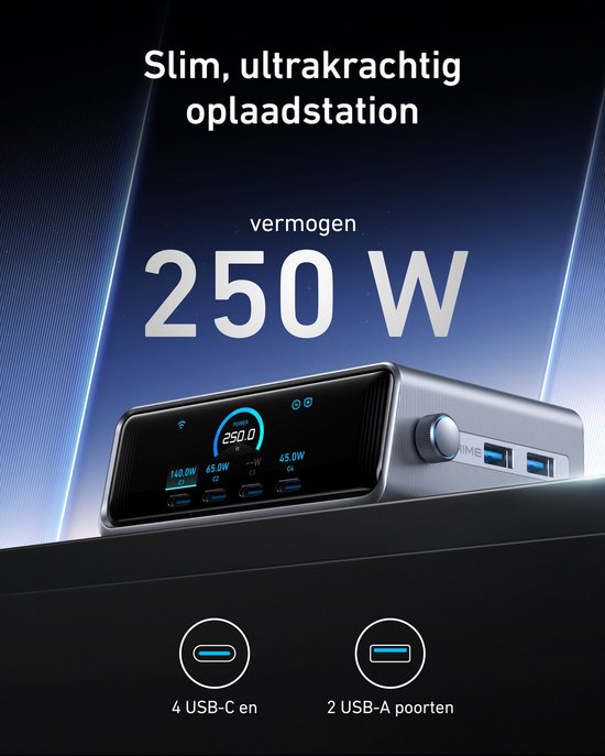 Anker Prime Lader 250W - Smart Display - 6 poorten - 4x USB-C & 2x USB ...