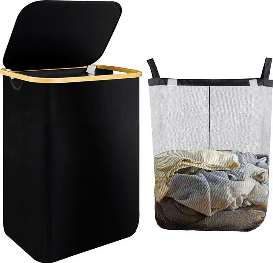 Wasmand met Deksel 70L - Hoge Mand met Bamboe Handvat en Binnenzak ...
