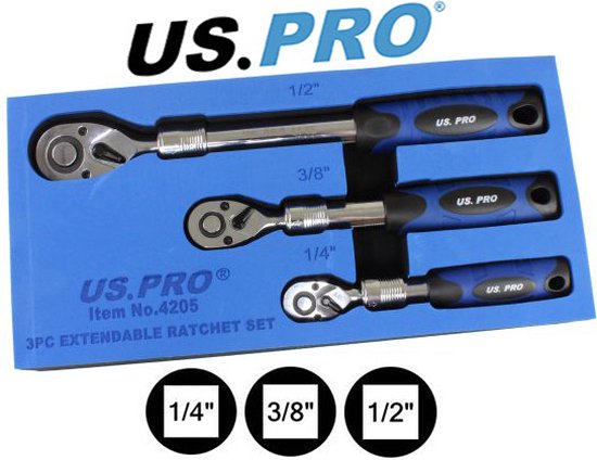 Uitschuifbare ratel set met 3 ratels in foam inlay 1/4" - 3/8" en 1/2 ...