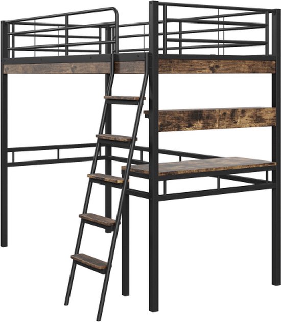 Hoogslaper met bureau ladder planken ijzeren frame 90x200cm ...