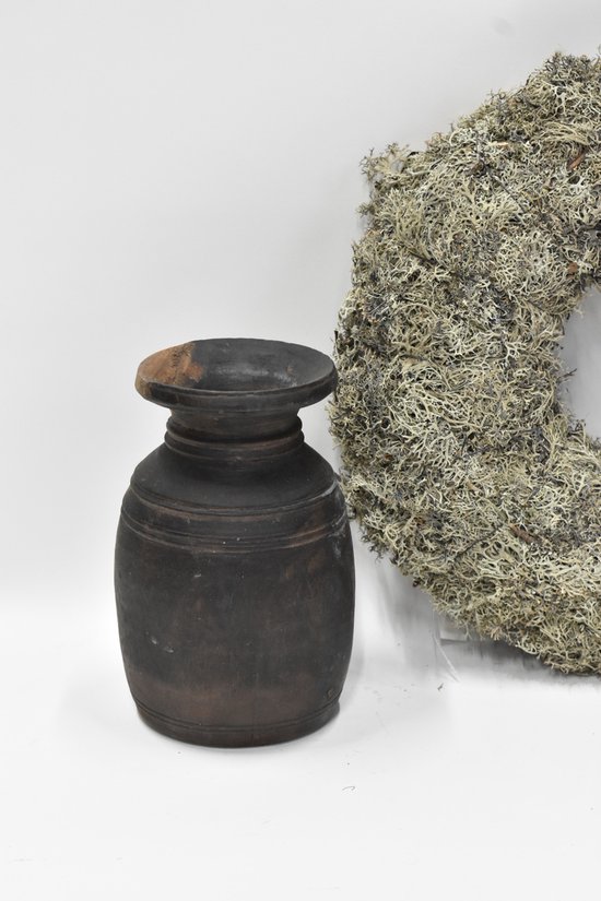 Authentieke houten Nepalese pot/kruik H 24.5 cm - oude houten kruik pot ...