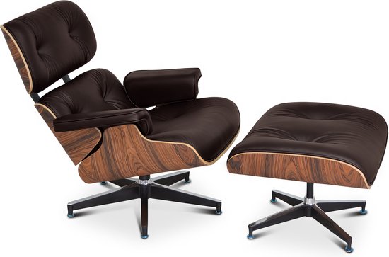 Lounge Chair + Hocker - Mokka Bruin - Palissander - Leer - Set ...