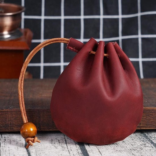 Vintage lederen portemonnee met trekkoord - Geld munt zakje - Man en ...