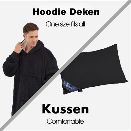 Sheradi Hoodie Deken + HoofdKussen {ZWART} - Hilton Kussen - Geschikt ...