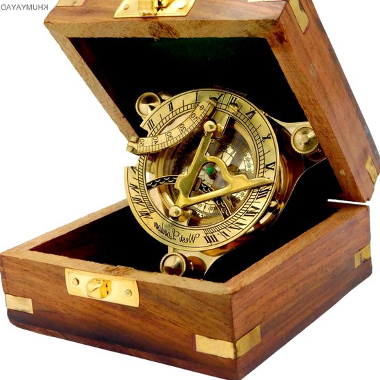 Antieke Messing Zonnewijzer met Kompas - Nautische Replica - In Palissander Doos | bol