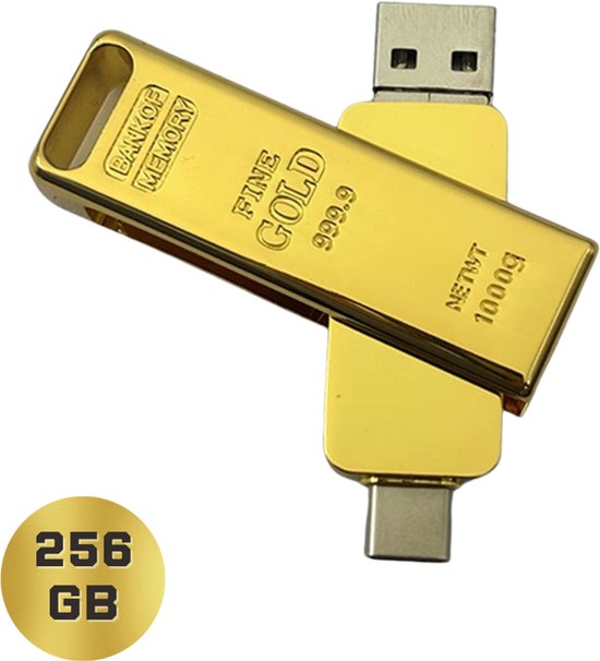 Usb stick 256 GB - Goudstaaf - Dual port - Goud - 256GB - USB C - USB 3 ...