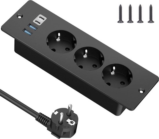 3-voudig inbouwstopcontact met USB C en 2 m kabel - meervoudig ...