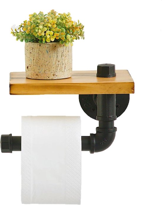 Houten toiletpapierhouder met plank en gietijzeren buis - Rustieke ...
