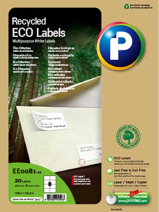 Printec recycled etiketten - 20 vel - 105x74.3mm - 8 labels per A4 - 160 stickers per doos | bol