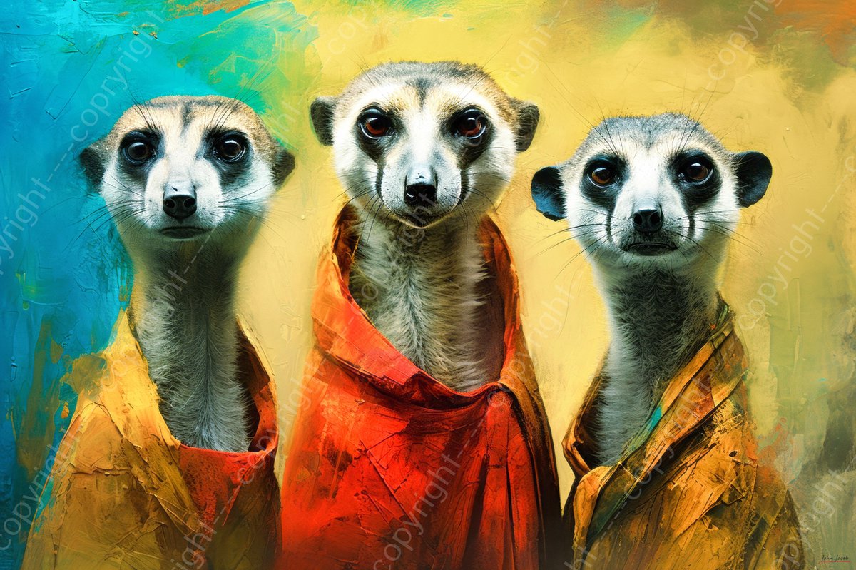 JJ-Art (Aluminium) 60x40 | Stokstaartjes met jas in abstract ...