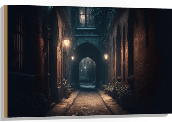 Hout - Donker Steegje in de Stad - 90x60 cm - 9 mm dik - Foto op Hout ...