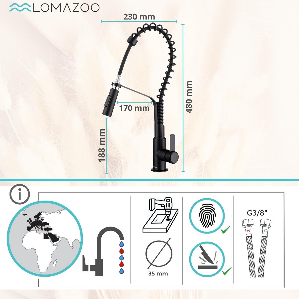 LOMAZOO Keukenkraan Zwart Uittrekbaar - Kraan Keuken - Mengkraan Met Uittrekbare Sproeikop | bol.com