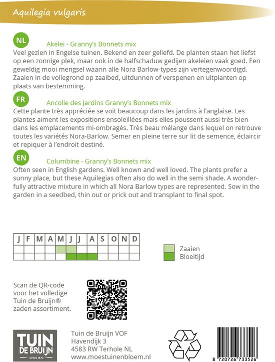 Tuin de Bruijn® zaden - Akelei Granny's Bonnets Mix - Zeer geliefd en ...