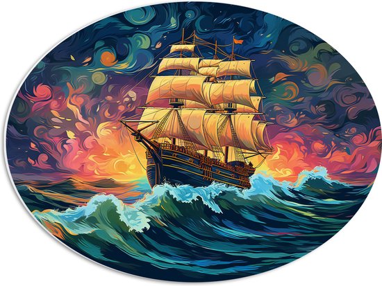 PVC Schuimplaat Ovaal - Schip - Water - Zee - Golven - Tekening - 56x42 ...