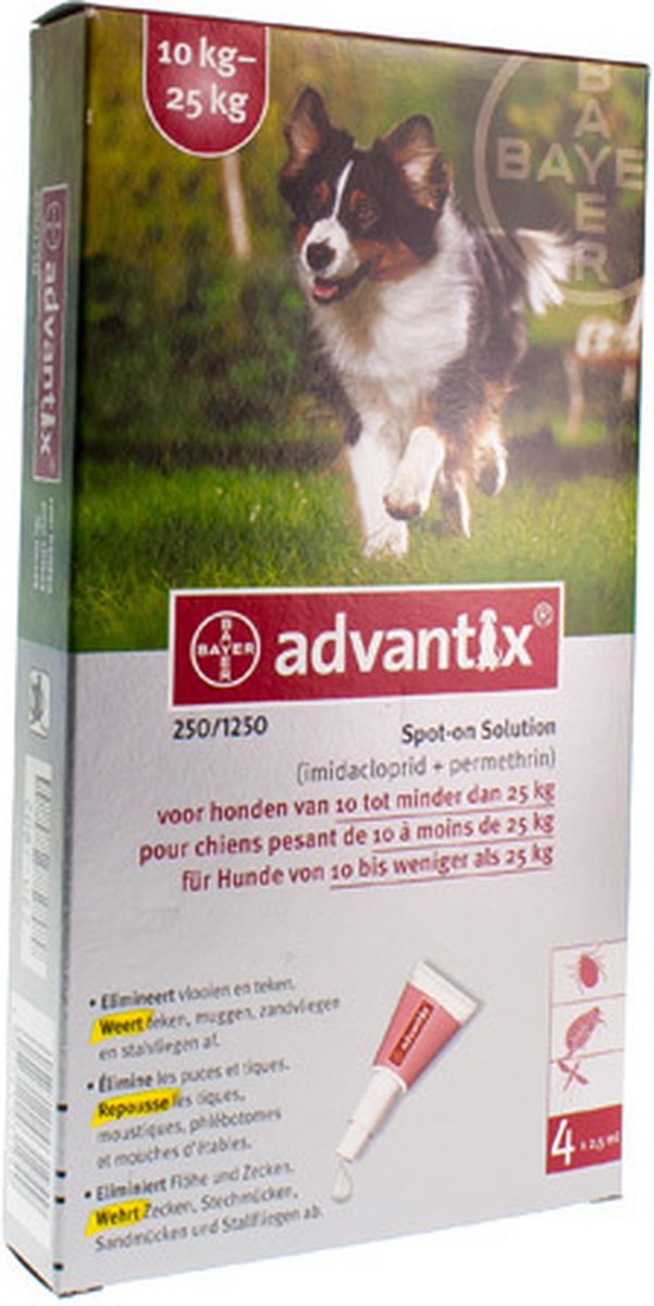 Advantix 250/1250 - Hond - 10 tot 25 kg - 4 pipetten x 2,5 ml | bol